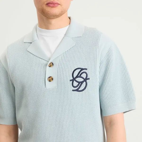 Drole De Monsieur Monogramme Open Weave Polo - Light Blue