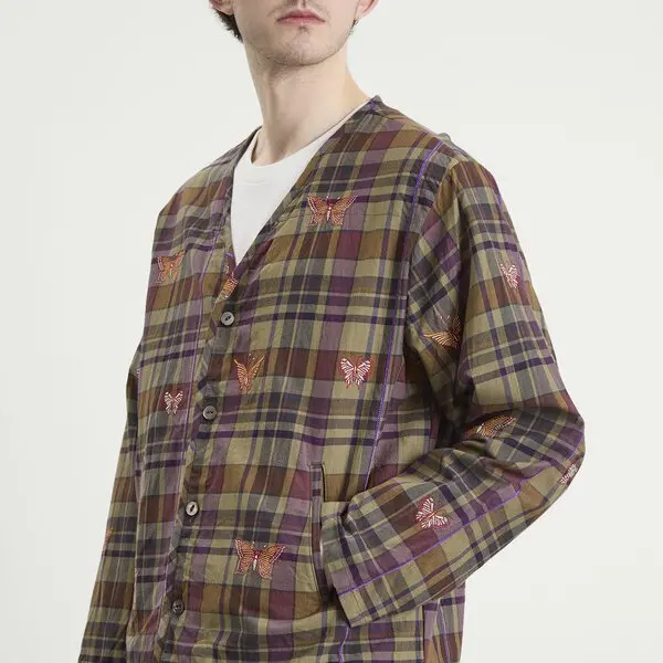 Needles Embroidered Madras Plaid Cardigan