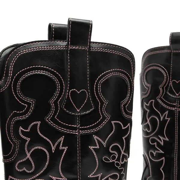 GANNI Mid Shaft Embroidered Western Boots - Black/pink