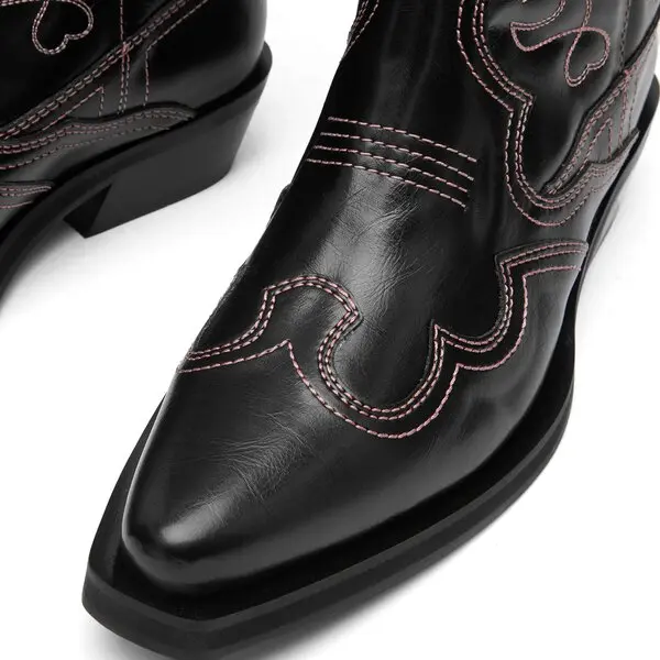 GANNI Mid Shaft Embroidered Western Boots - Black/pink