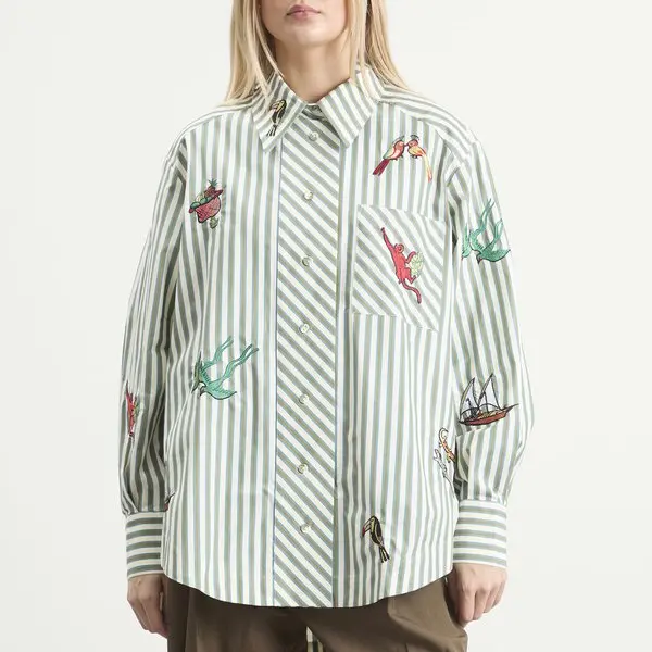 ALEMAIS Bisou Embroidered Striped Long Sleeve Shirt