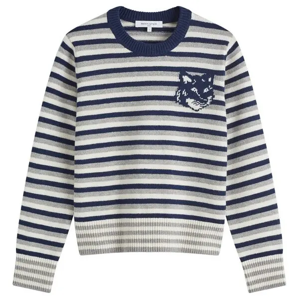 Maison Kitsuné Fox Head Intarsia Striped Jumper - Navy