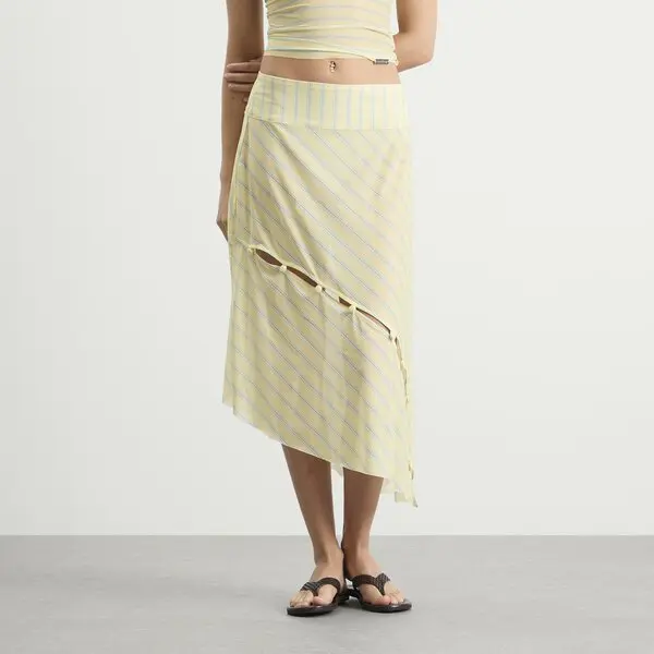 HOUSE OF SUNNY Asymmetric Striped Mesh Midi Skirt