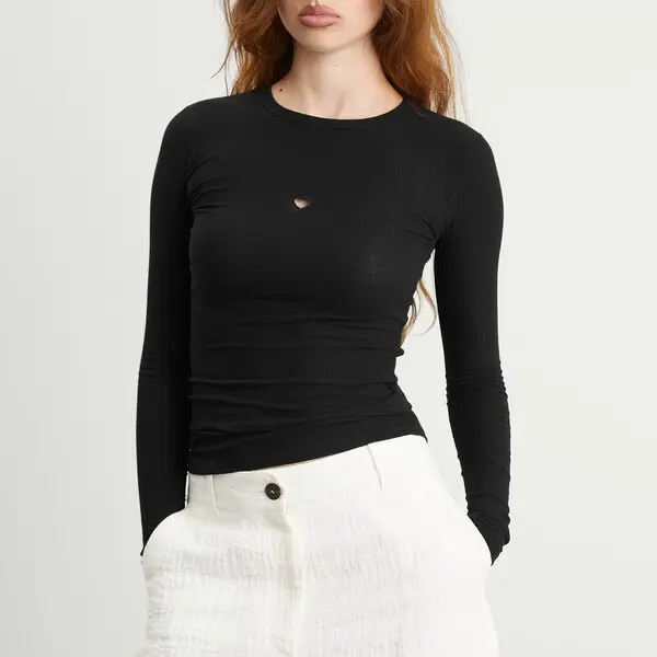 BASERANGE Heart Cut-out Long Sleeve Ribbed T-shirt