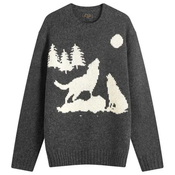 BEAMS Intarsia Wolf Jumper - Charcoal