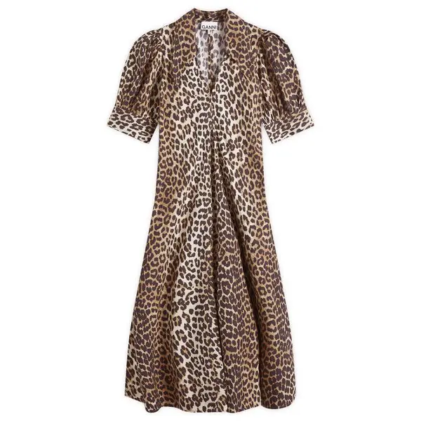 GANNI Printed Poplin Midi Dress - Leopard