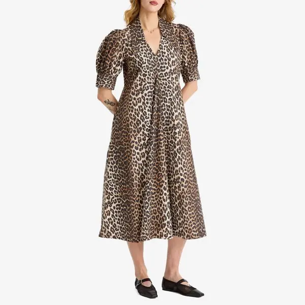 GANNI Printed Poplin Midi Dress - Leopard