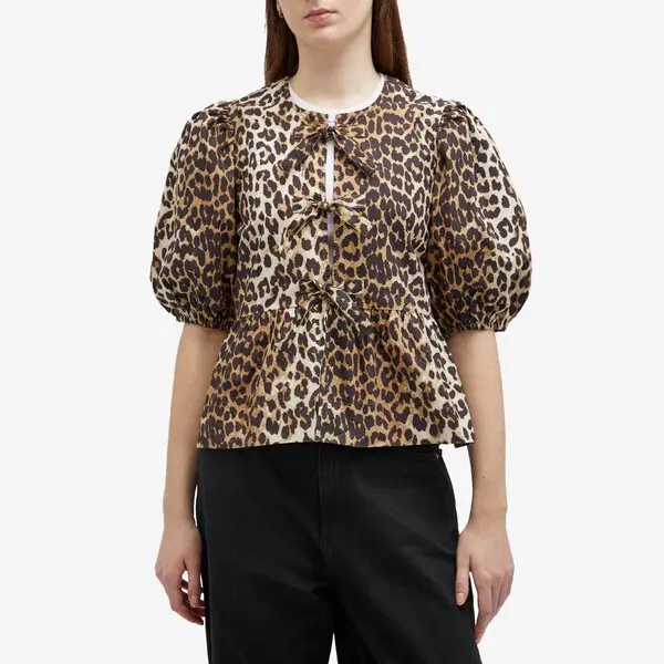 GANNI Printed Cotton Poplin Peplum Blouse With Puff Sleeves And Front Ties - Leopard