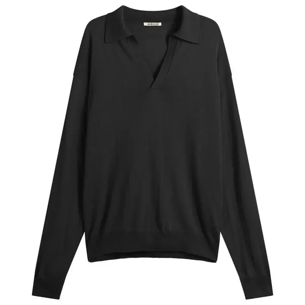 Auralee Cashmere Silk Knit Skipper Polo - Black