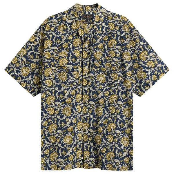 BEAMS Block Print Open Collar Shirt - Blue