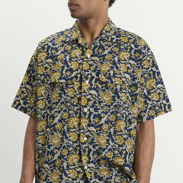 BEAMS Block Print Open Collar Shirt