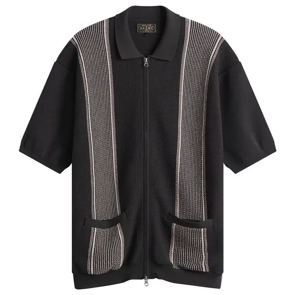 BEAMS Stripe Zip Knit Polo - Charcoal