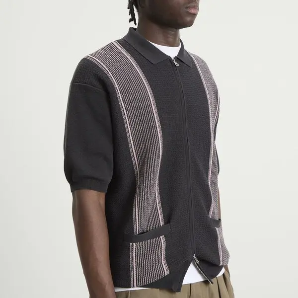 BEAMS Stripe Zip Knit Polo