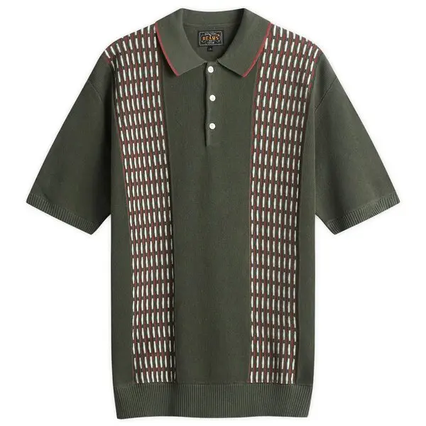 BEAMS Jacquard Stripe Knit Polo - Green