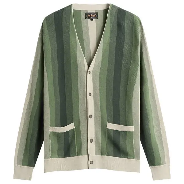 BEAMS Multi Stripe Cardigan - Green