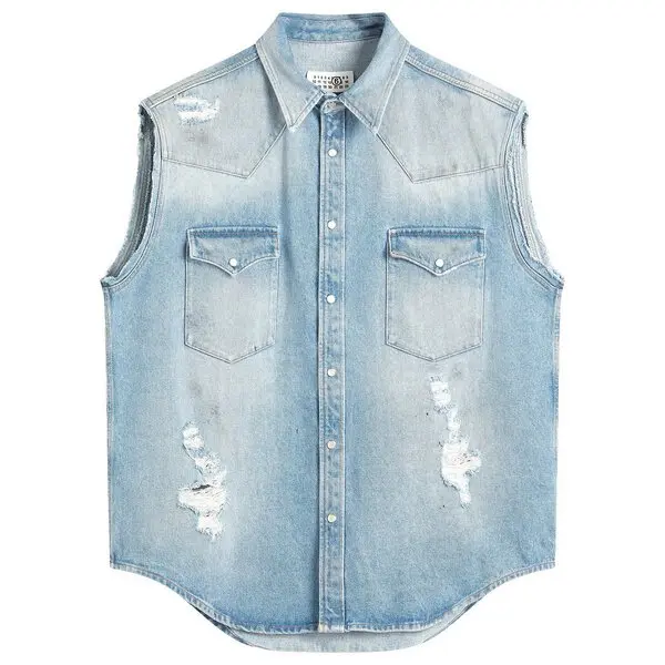 MAISON MARGIELA Sleeveless Distressed Denim Shirt - Medium Blue