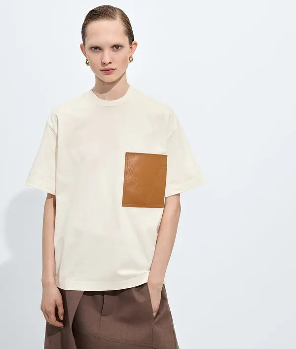 Bottega Veneta Cotton Jersey T-shirt With Leather Pocket - Parchment