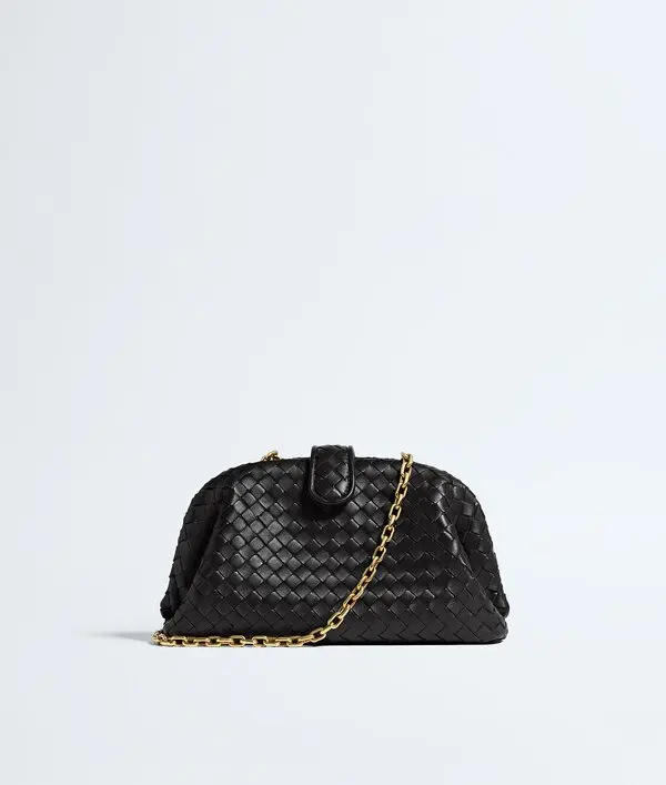 Bottega Veneta Small Padded Lauren 1980 Clutch In Lamina Satin Leather With Metal Chain - Black