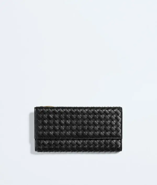 Bottega Veneta Intrecciato Piccolo Long Wallet With Flap - Black