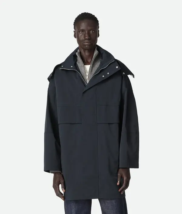 Bottega Veneta Bonded Tech Wool Hooded Parka - Navy