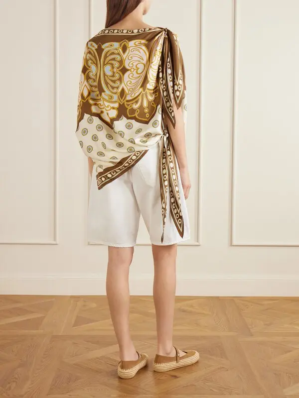 La DoubleJ Asymmetric Knotted Printed Silk-satin Blouse - Brown