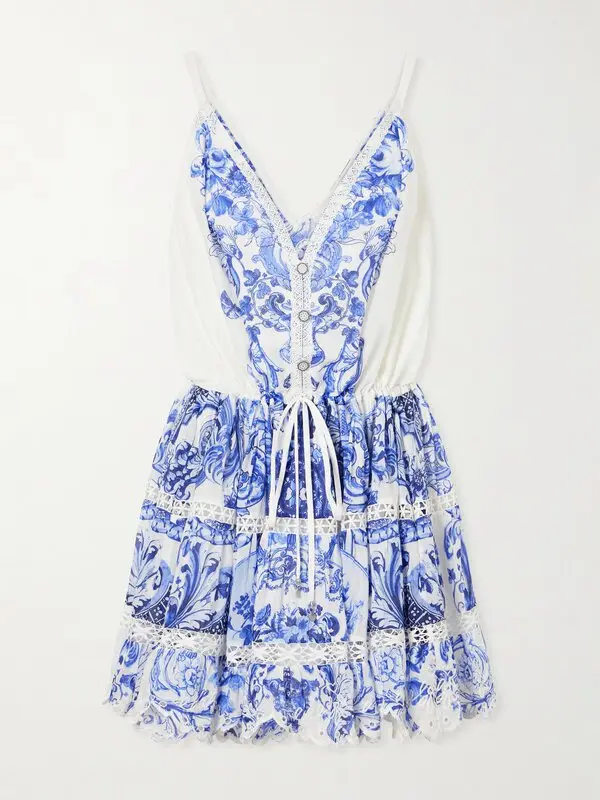 Camilla Printed Embroidered Cotton And Silk-blend Mini Dress - Blue