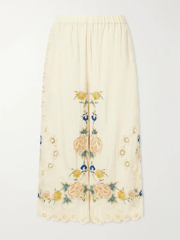 Sea Addona Floral-embroidered Broderie Anglaise-trimmed Cotton Wide-leg Pants - Neutrals
