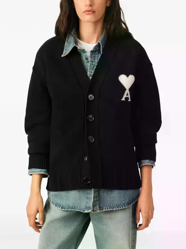 AMI Paris Wool Cardigan With De Coeur - Black