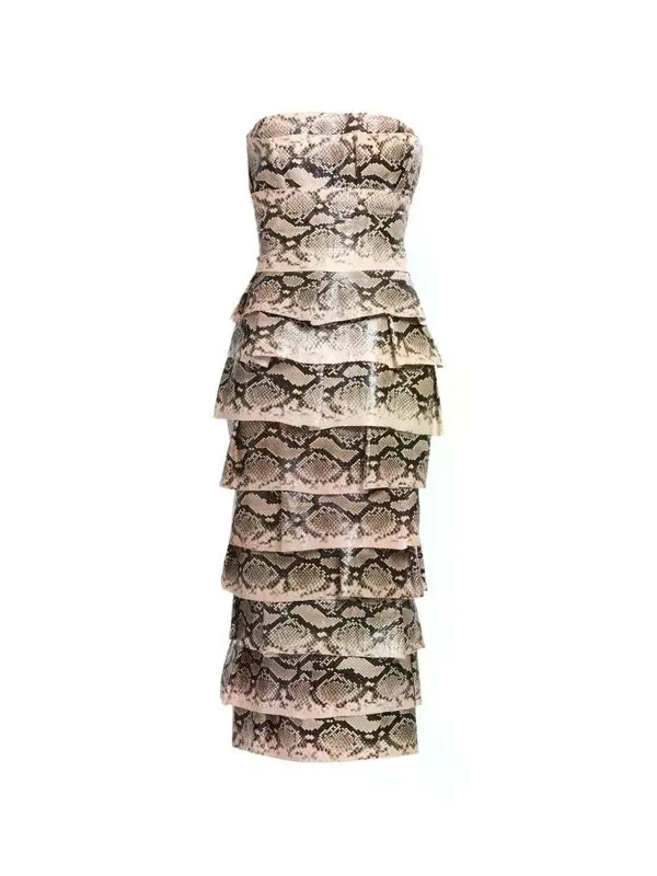 Elie Saab Tiered Snakeskin-effect Midi Dress - Neutrals