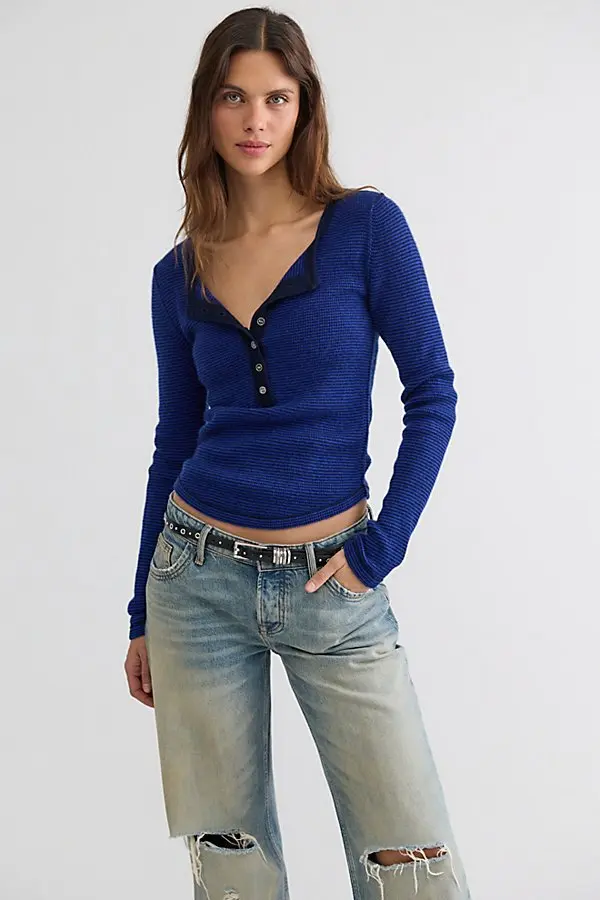 We The Free Hudson Striped Cashmere Henley - Navy
