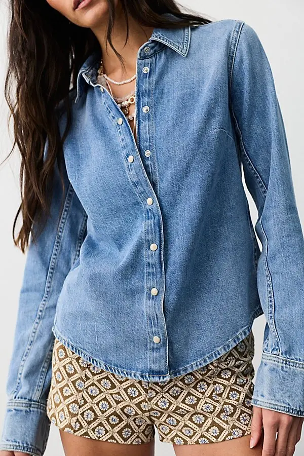 We The Free Benny Slim Denim Button Down Top At