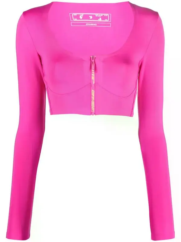 Off-White Zip-logo Long-sleeve Crop Top - Pink