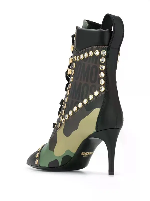 Moschino Crystal-embellished Camouflage-print Lace-up High-heeled Boots