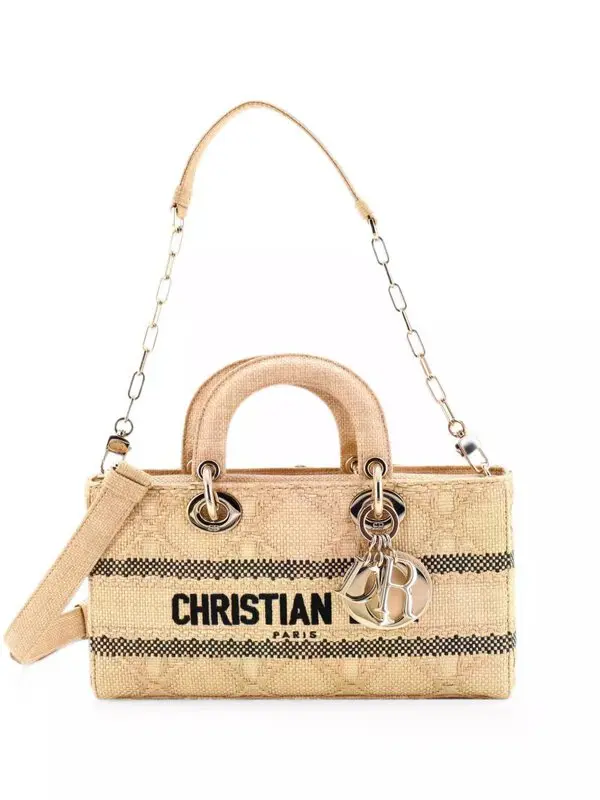 Dior Lady D-joy Bag Cannage Embroidered Raffia Medium Tote Bag - Neutrals
