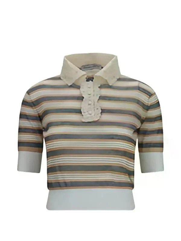 Ermanno Scervino Lace-collar Striped Polo Top - Neutrals