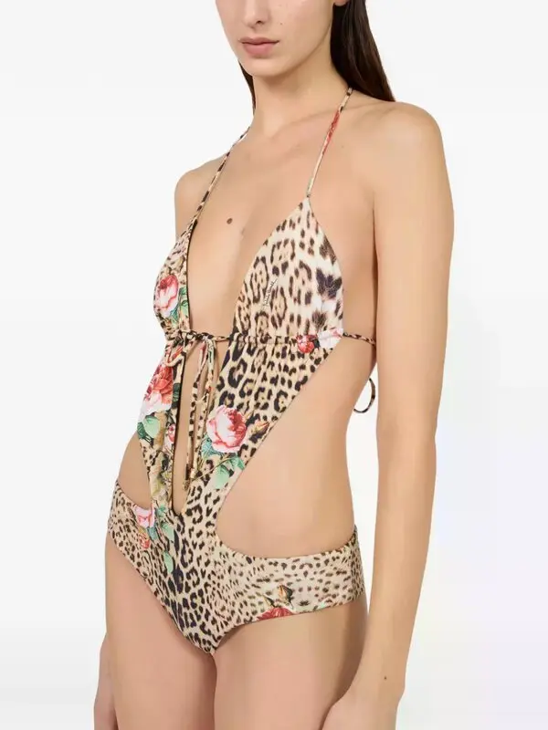 Roberto Cavalli Leopard-print Floral-print Swimsuit - Neutrals