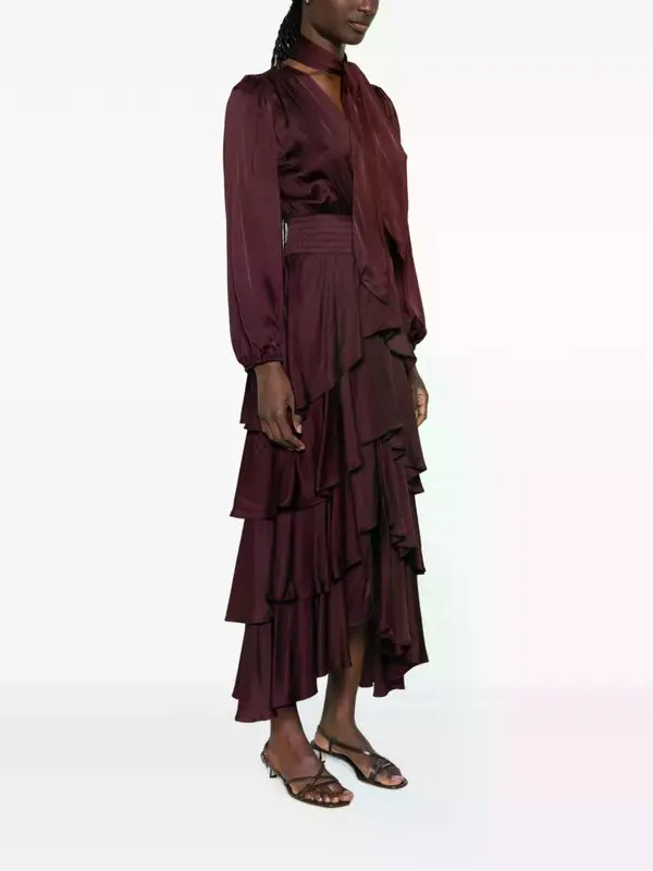 Maje Burgundy Satin Pussy-bow Asymmetrical Tiered Maxi Dress