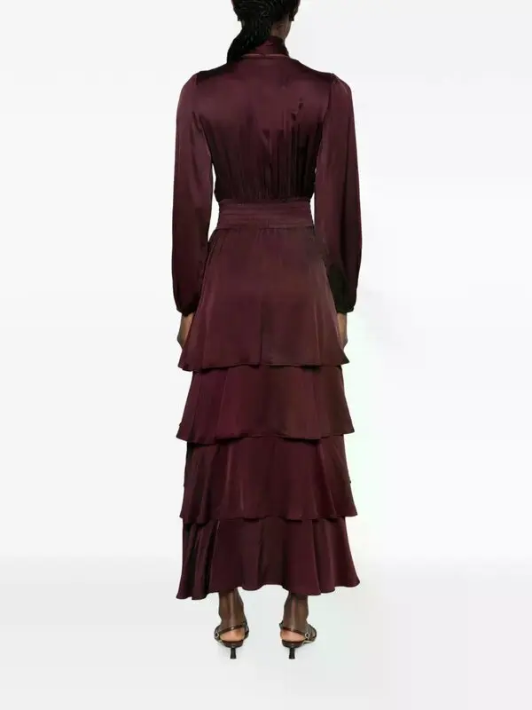 Maje Burgundy Satin Pussy-bow Asymmetrical Tiered Maxi Dress