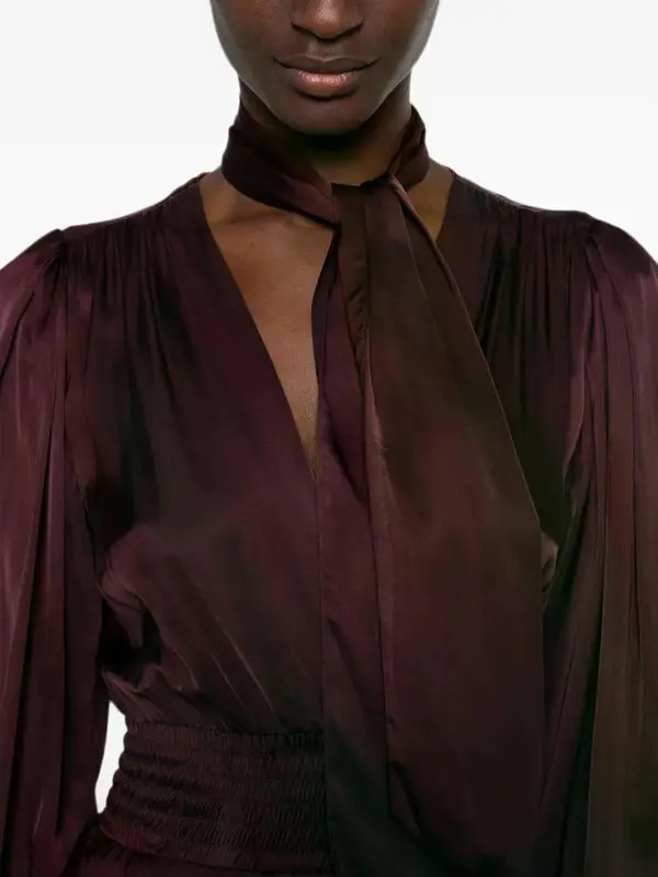Maje Burgundy Satin Pussy-bow Asymmetrical Tiered Maxi Dress