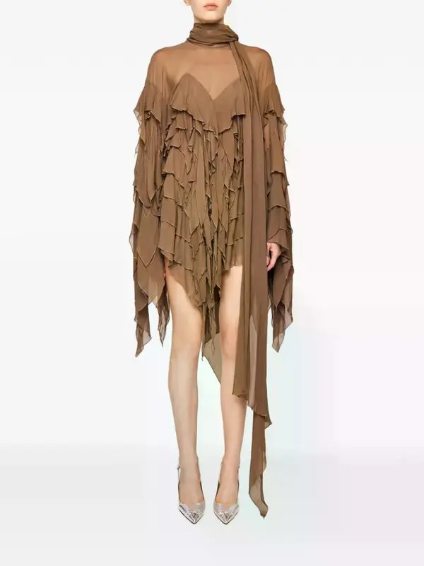 Blumarine Ruffled Long-sleeve Asymmetric Dress - Brown