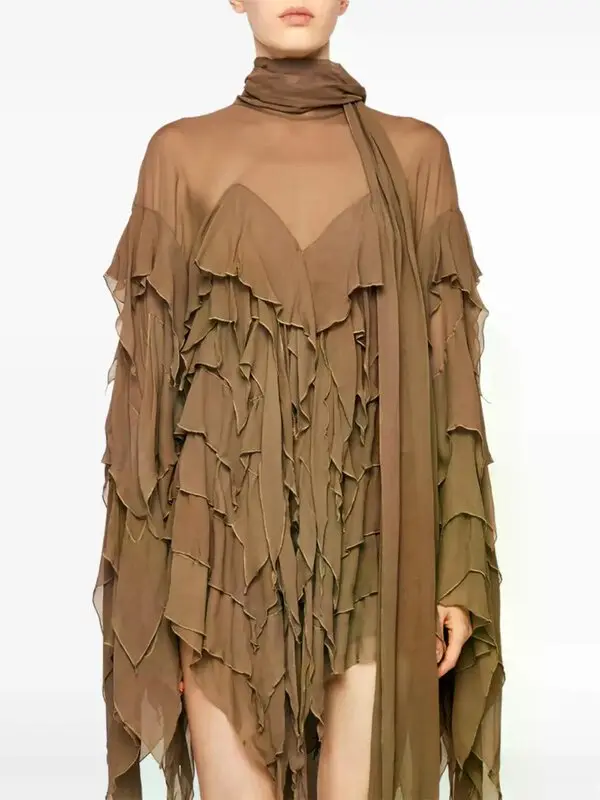 Blumarine Ruffled Long-sleeve Asymmetric Dress - Brown
