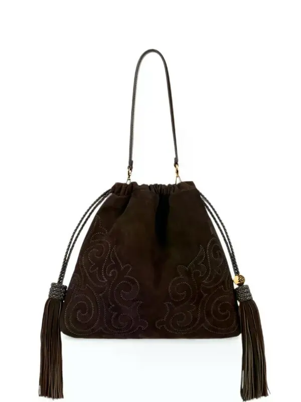 Etro Medium Suede Kalispera Bag With Patch And Tassels - Brown
