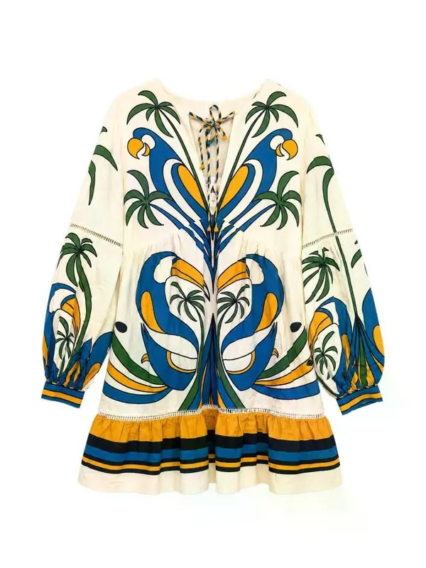 Farm Rio Tropical-graphic Ruffled Mini Dress - Neutrals