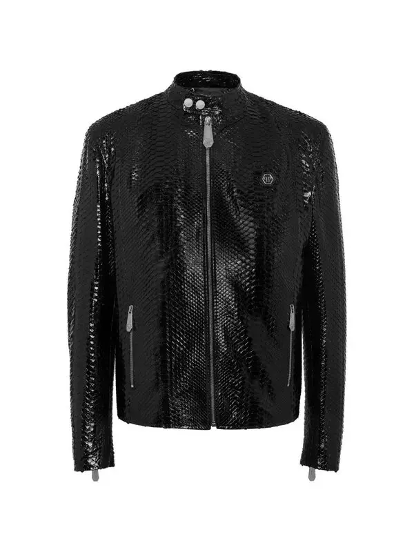 Philipp Plein Python Leather Moto Jacket - Black