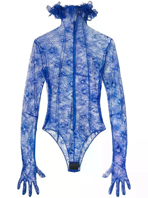 Off-White Floral-lace Glove-sleeve Body - Blue