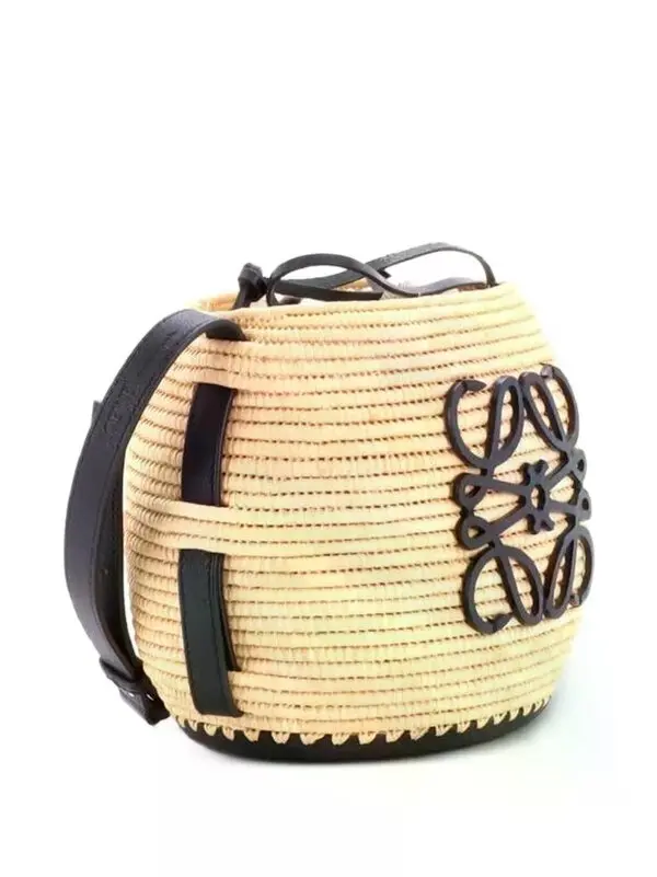 Loewe X Paula Ibiza Beehive Basket Bag Woven Raffia Small Bucket Bag - Black