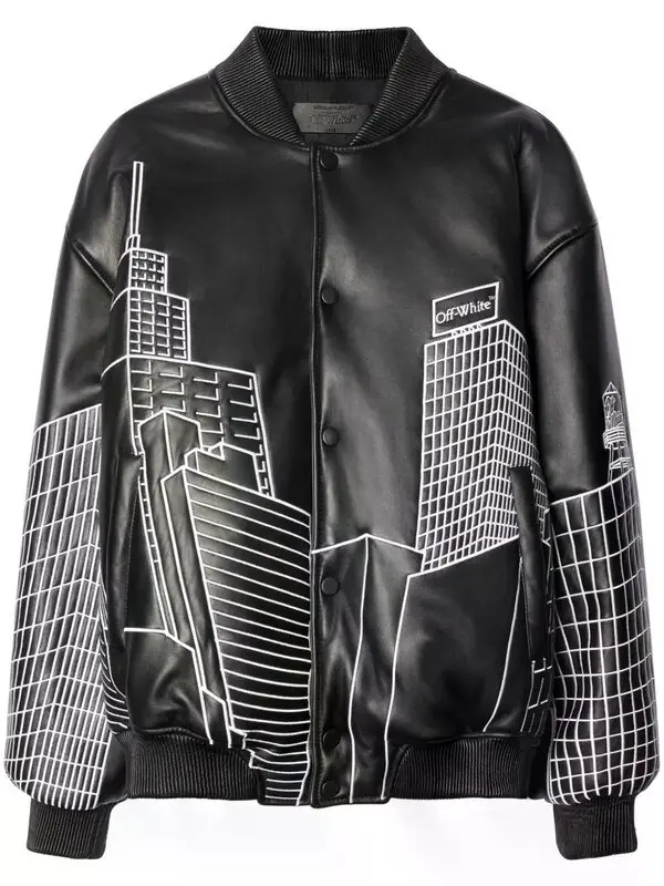 Off-White Skyline Leather Bomber Jacket - Black