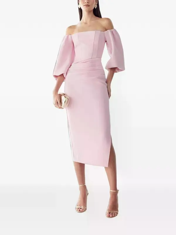 BWLDR Off-the-shoulder Puff-sleeve Midi Dress - Pink