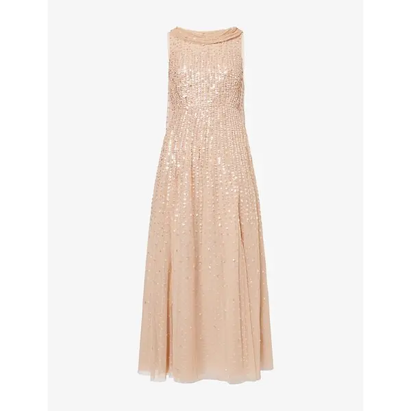 NEEDLE & THREAD Moonlight Sequin Cape Sleeve Ankle Gown - Biscuit