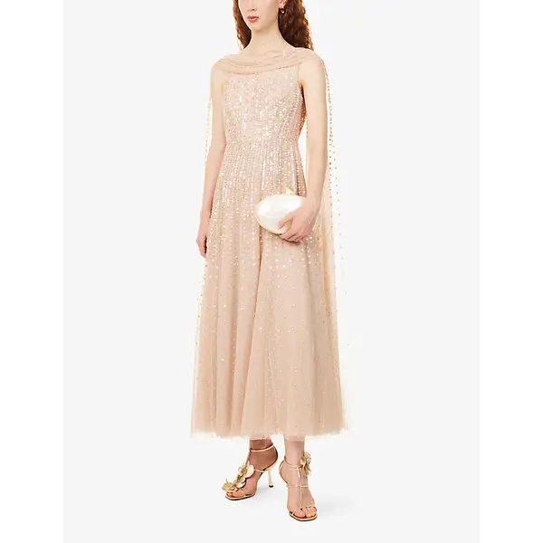 NEEDLE & THREAD Moonlight Sequin Cape Sleeve Ankle Gown